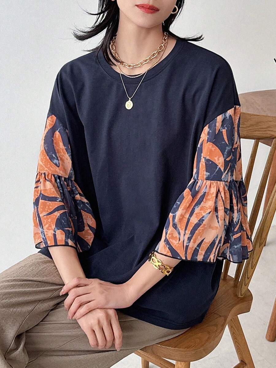 FRIFUL Camiseta de Tripulação com Manga Bufante e Estampa Botânica para ...