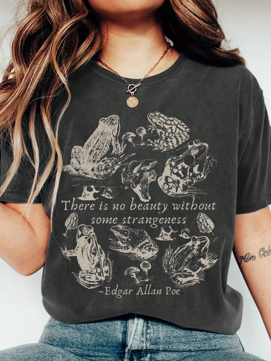 Plus Size Women Frog Slogan Print Round Neck Drop Shoulder T-Shirt ...