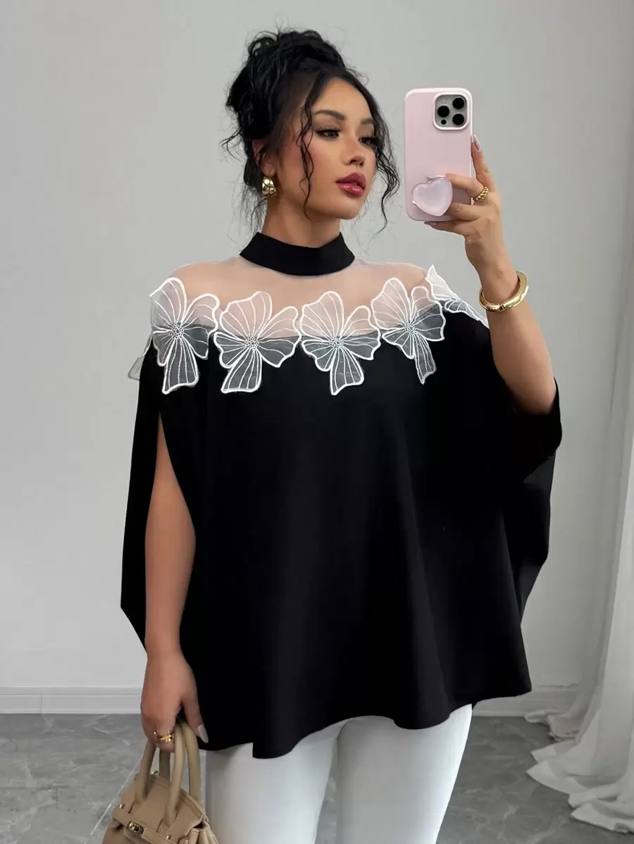 Elenzga Women's Casual Fashion Lace & Mesh Splice Open Slit Sleeve Small Stand Collar Blouse ...