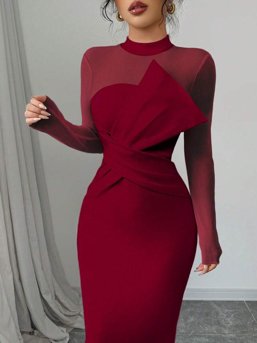 Selianne Pink Elegant Elegant Mesh Splice Long Sleeve Midi Dress, Waist ...