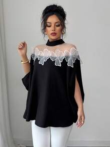 Elenzga Women's Casual Fashion Lace & Mesh Splice Open Slit Sleeve Small Stand Collar Blouse ...