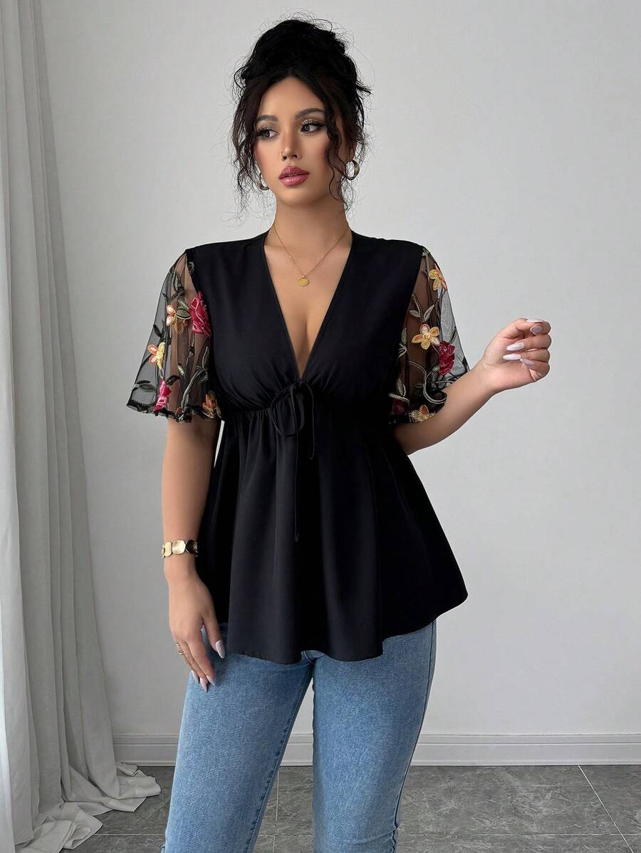 Elenzga Blouse sexy à encolure V profonde avec patchwork en maille florale rose, nouveau modèle ...