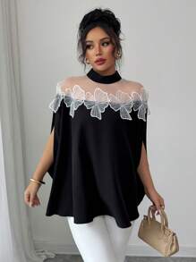 Elenzga Women's Casual Fashion Lace & Mesh Splice Open Slit Sleeve Small Stand Collar Blouse ...