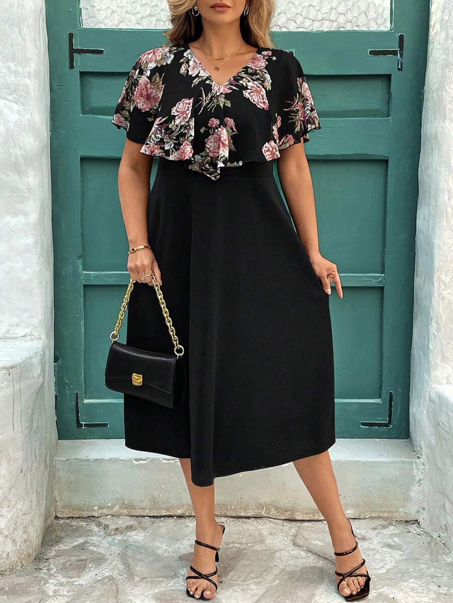 SHEIN Clasi Plus Size Women Long Floral Print Ruffled Hem Midi Dress, For Summer, Floral,Summer ...