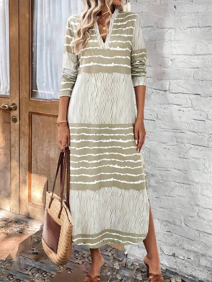 SHEIN LUNE Women's Striped Patchwork Long Sleeve Dress With Notched ...