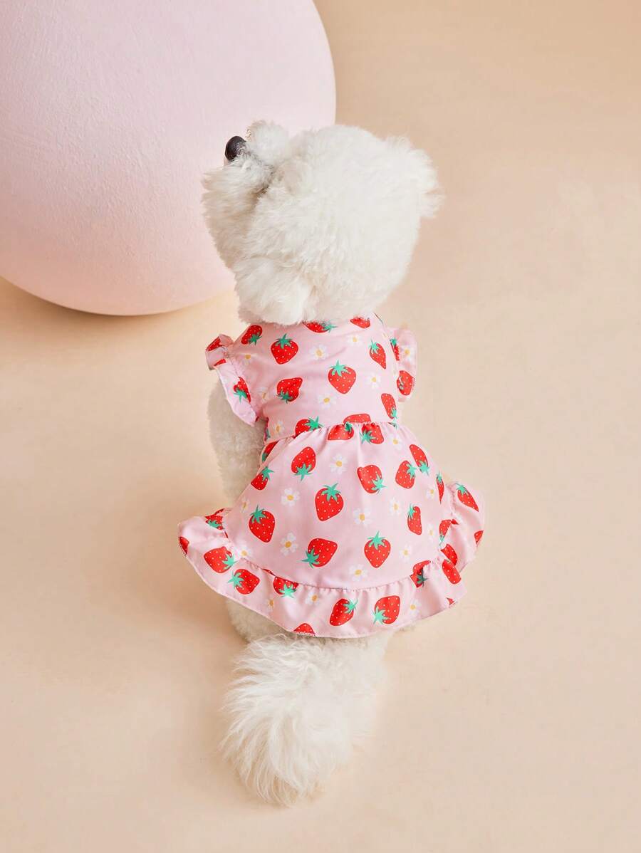 PETSIN 1pc Pet Strawberry Print Cap Sleeve Ruffle Trim Button Up Dress ...