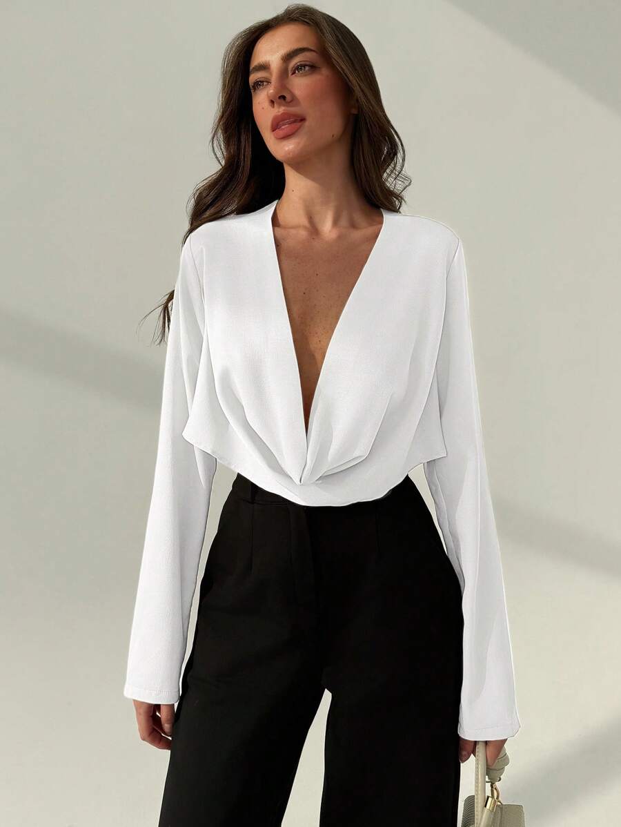 Aloruh Women's Sexy Deep Draped Neck Long Sleeve Fitted Top, Suitable ...