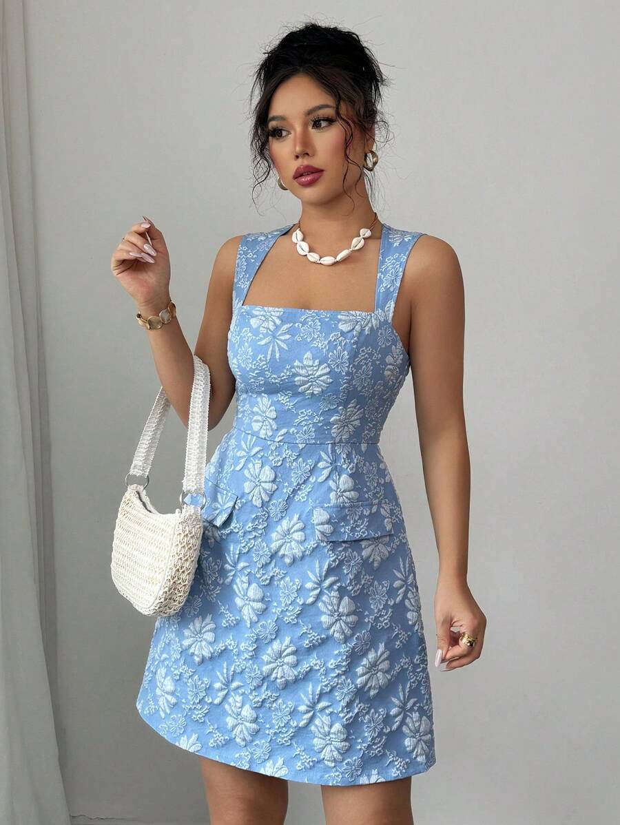 Elenzga Women's Jacquard Off-Shoulder Sleeveless Fake Pocket Mini Dress ...