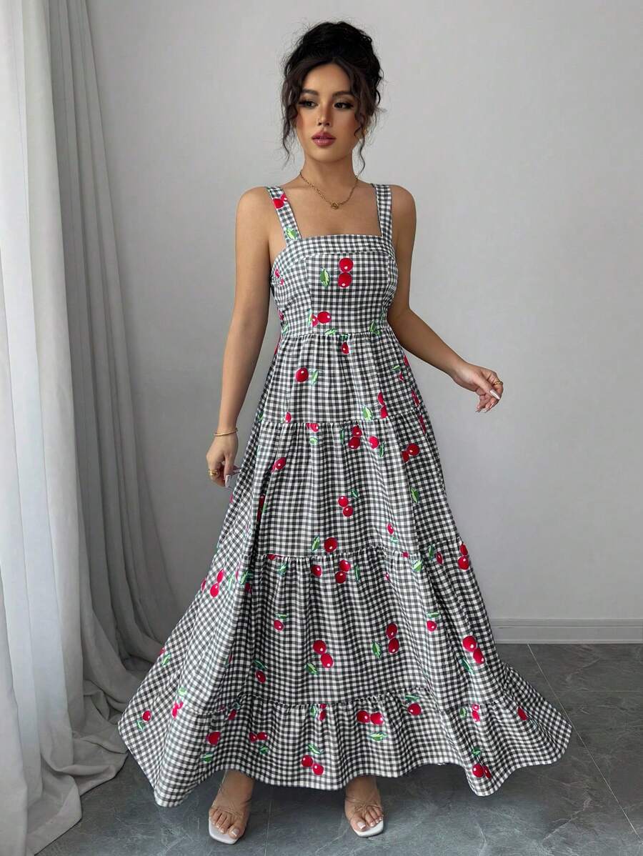 Elenzga Women's Vacation Outfit Blue Plaid Cherry Print Ruffled Cami ...