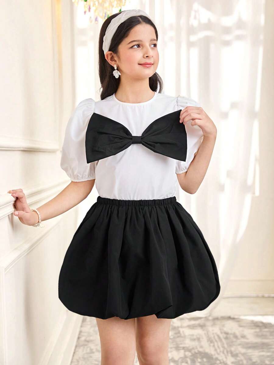Tween Girl Cute Puff Sleeve Bow Round Neck Fitted Top And Adorable ...