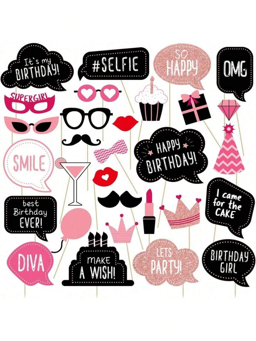 SHEIN 30 Piece (Rose Gold) Birthday Photo Booth Props Holiday Kit ...