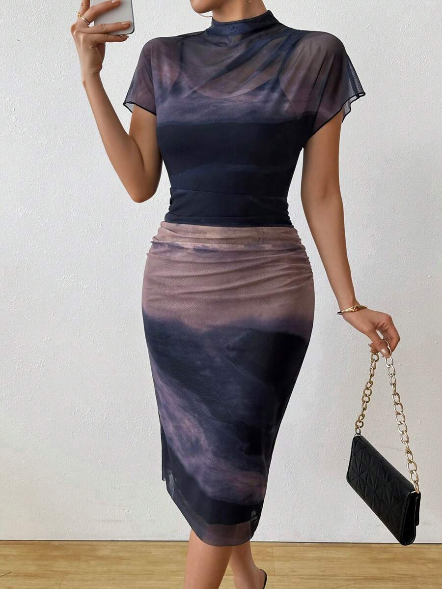 Chiquease Perspective Stand Collar Tie-Dye Mesh Fabric Print Dress Maxi ...