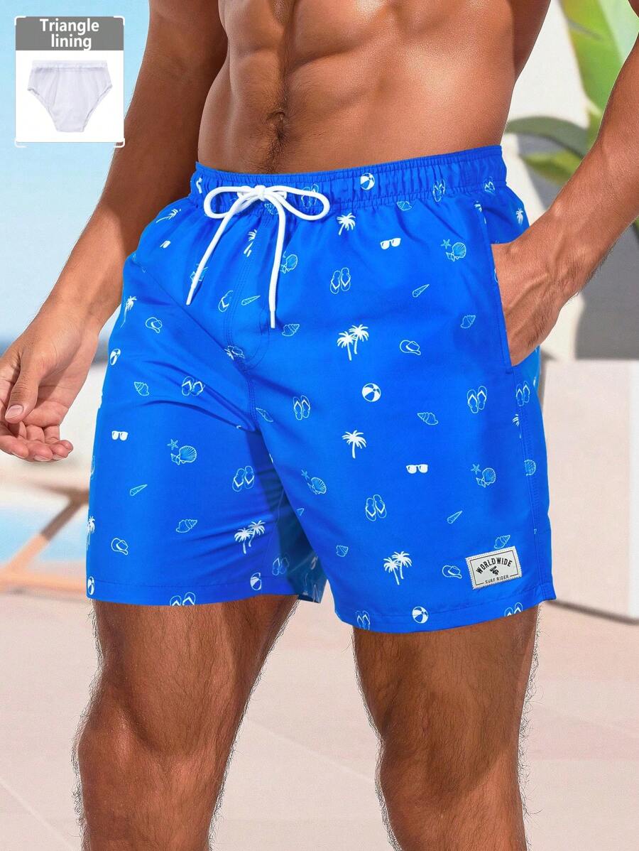 Manfinity Swimmode Men's Palm Tree Printed Pockets Drawstring Waist ...