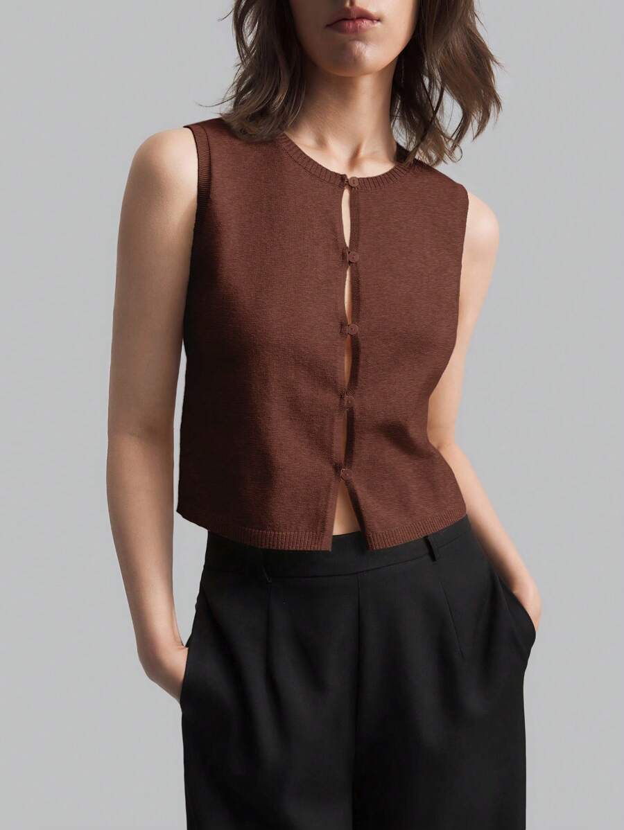 Ontre Women's 2025 New Arrivals Red Solid Color Round Neck Single-Breasted Hollow Sleeveless ...