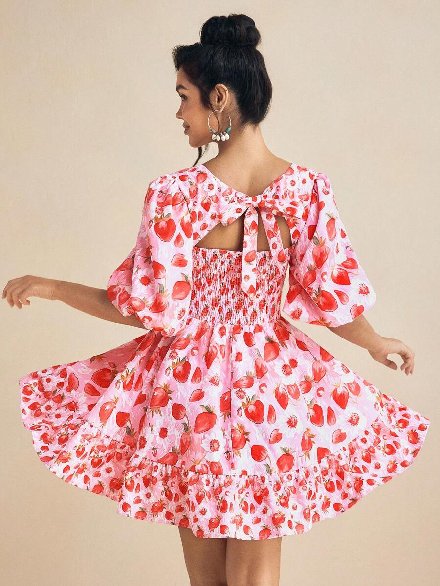 TIYA Strawberry Print Twist Front Wrap Hollow Back Puff Sleeves Girly ...