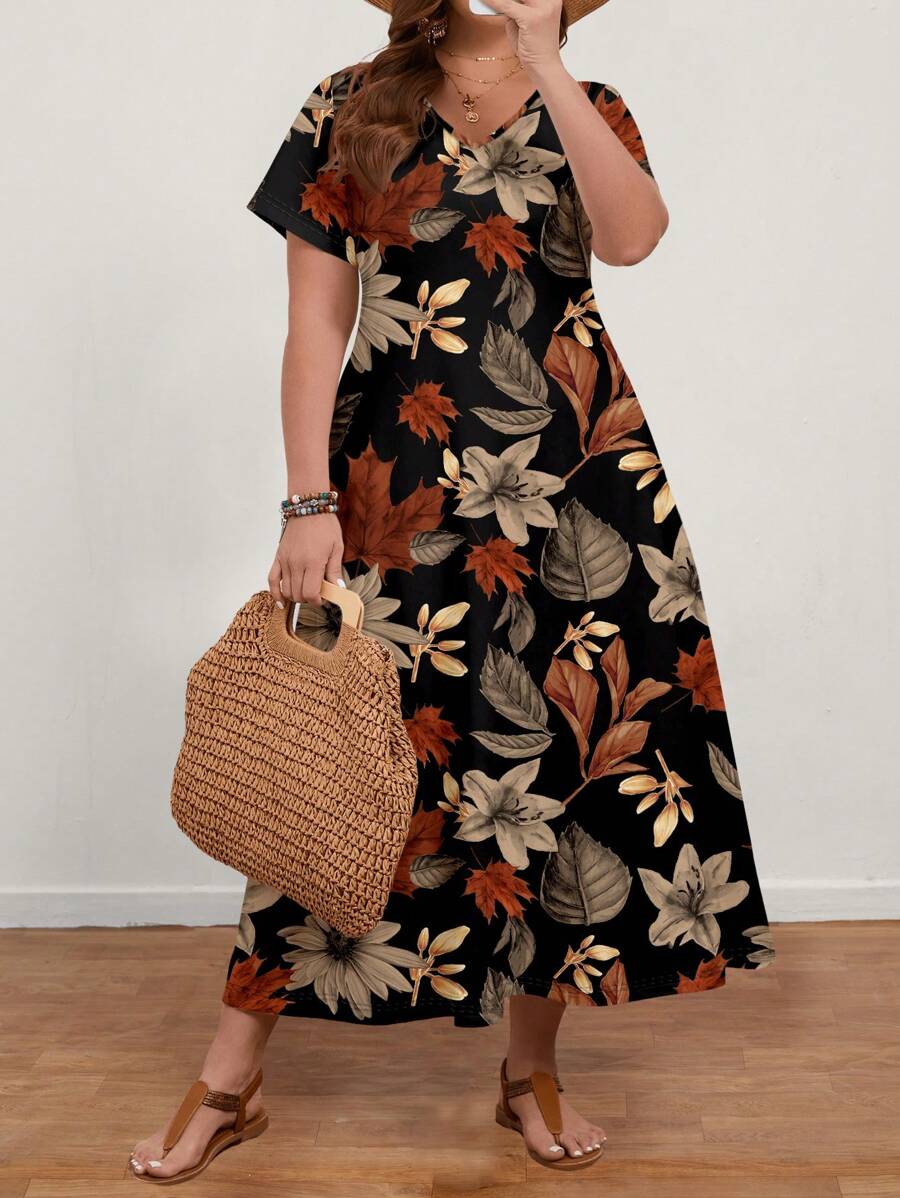 EMERY ROSE Vestido largo casual de mujer de talla grande con cuello en ...