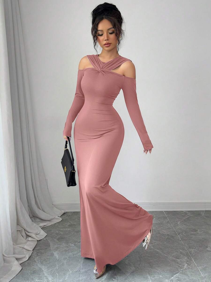 Modelyn Solid Color Open Shoulder Bodycon Front Twist Long Sleeve Dress For Women | SHEIN USA