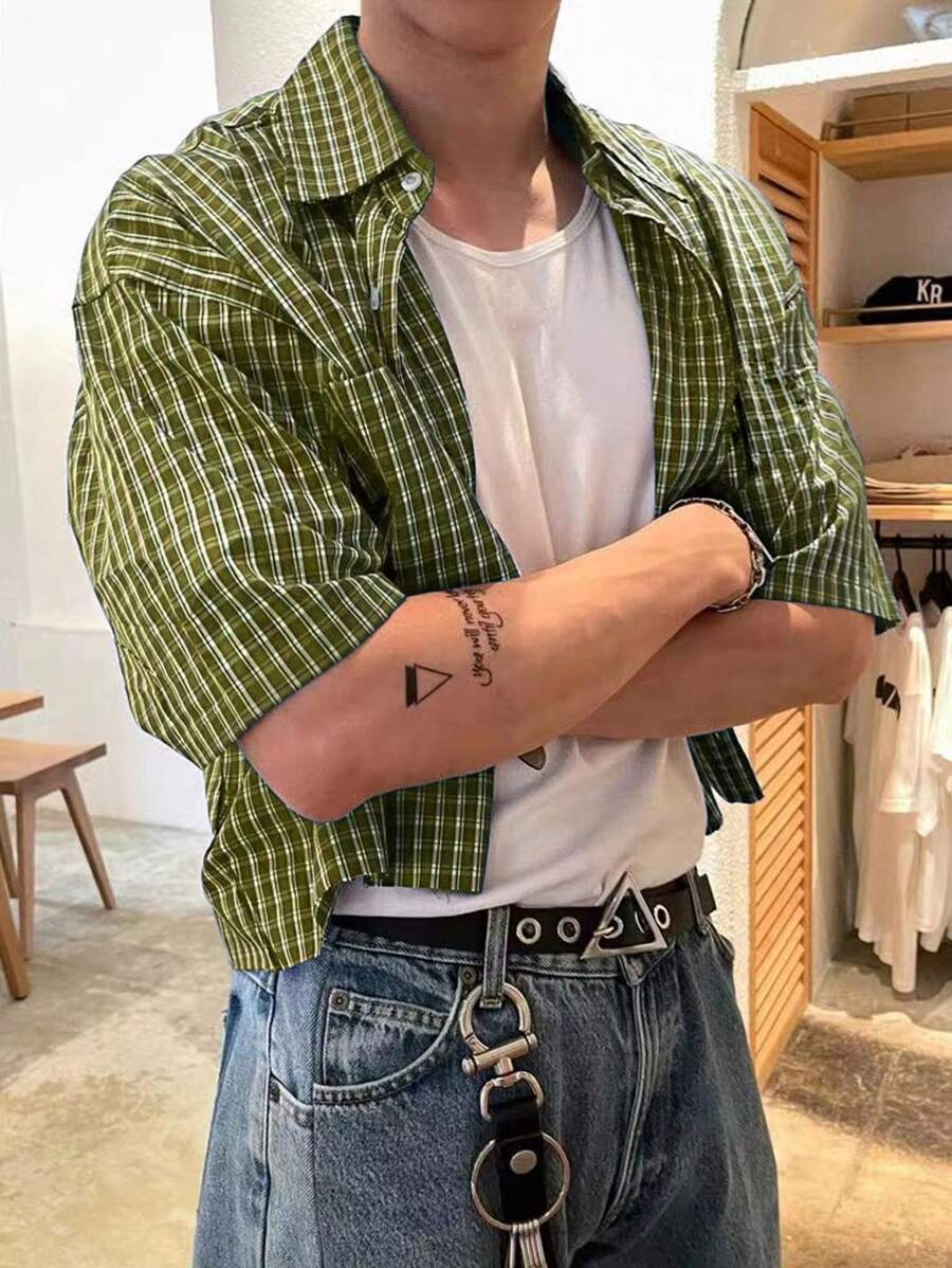 SHEIN Manfinity Dauomo Men's Short Plaid Short Sleeve Button Down Loose ...