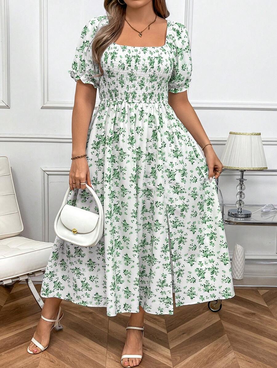 Celure Plus Size Elegant Long Ditsy Floral Dress With Split Hem, Summer ...