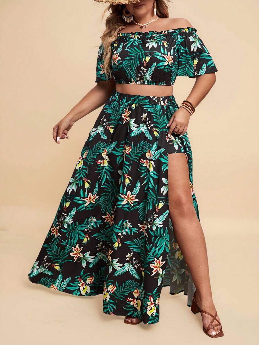Travachic Plus Size Tropical Print Off-Shoulder Cropped Top And Skirt ...