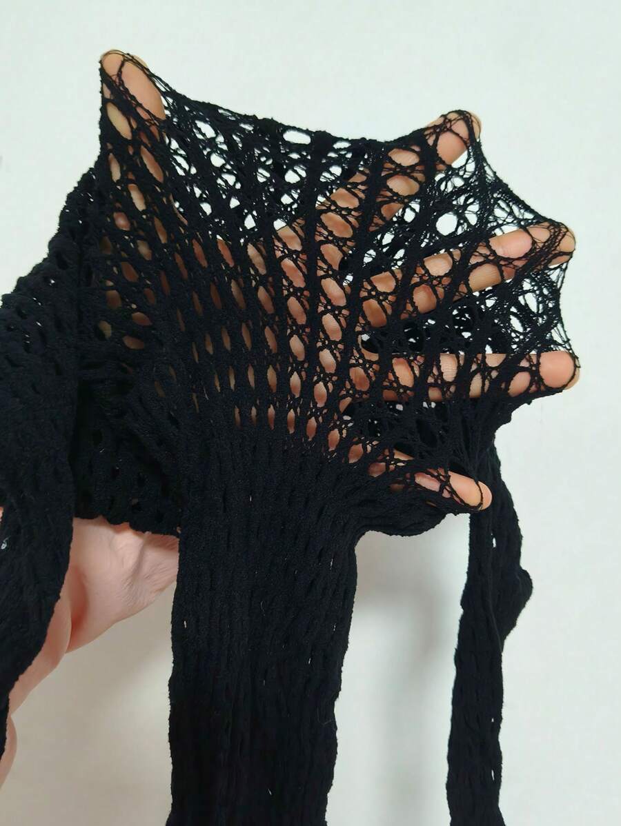 Swim SXY Black Long Sleeve Hollow Out Bodycon Beach Swimsuit Cover Up ...