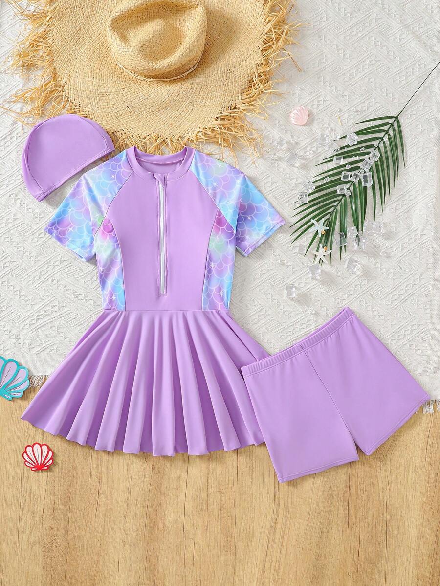 SHEIN Tween Girls 3-Piece Knit Mermaid Print Zip-Up Short Sleeve Top ...