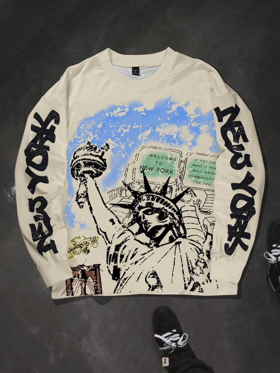 Manfinity EMRG Men's Liberty Statue Logo Print Long Sleeve T-Shirt Long ...