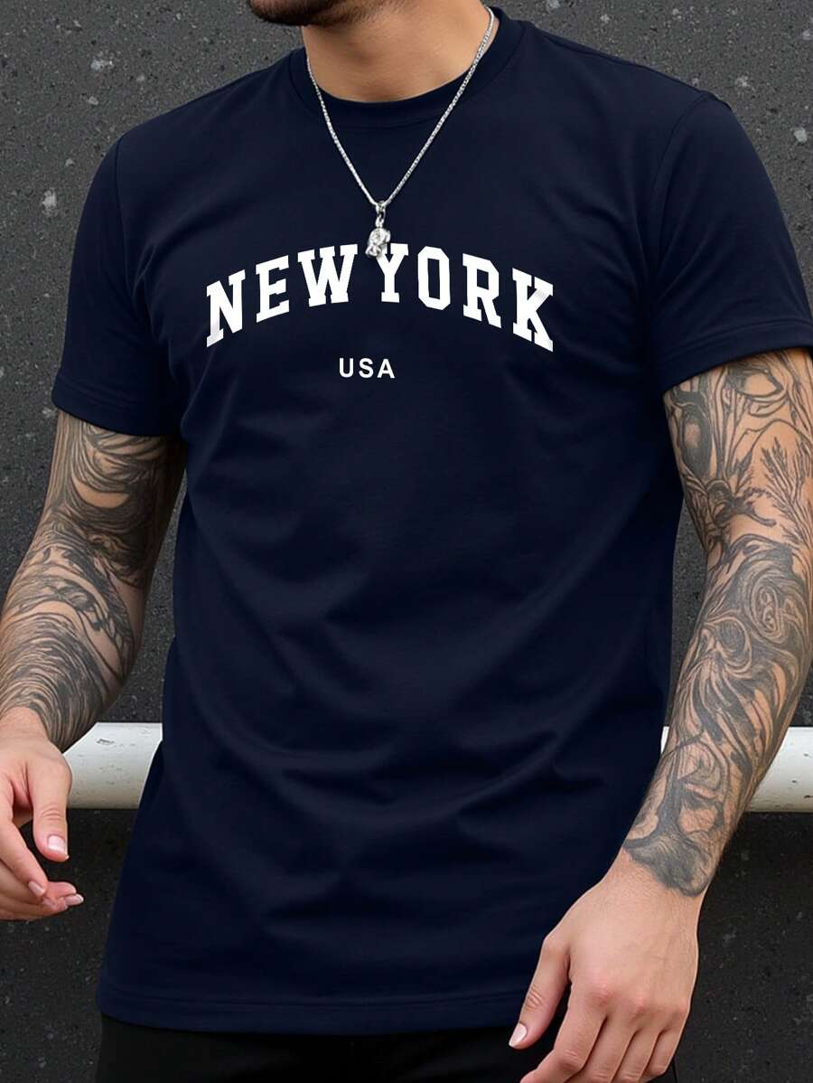 Manfinity EZcore Men Plus Size New York Letter Printed Round Neck Short ...