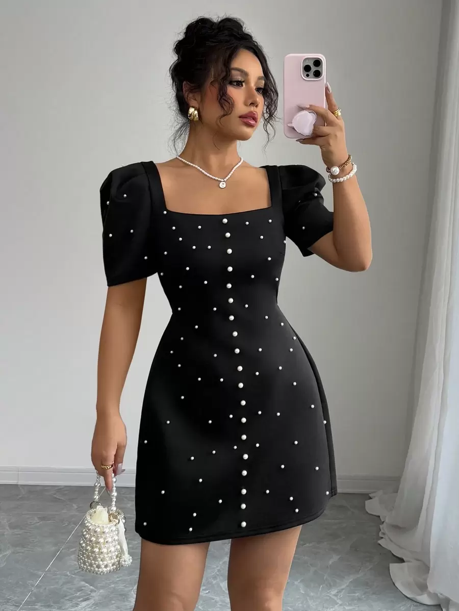 Elenzga Women's Solid Color Puff Sleeve Waist Cinched Pearl Studded ...