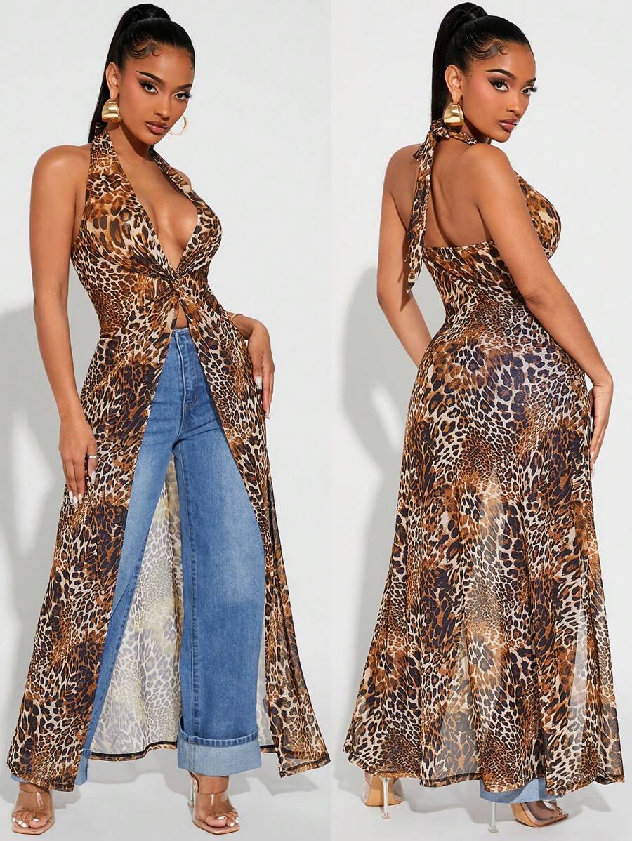 Radiana Elegant Commute Flowy Animal Print Chiffon BOHO Holiday Blouse ...