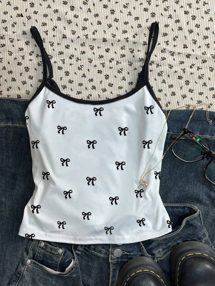 Regata minimalista casual para adolescentes, com estampa de laço fofa e ...