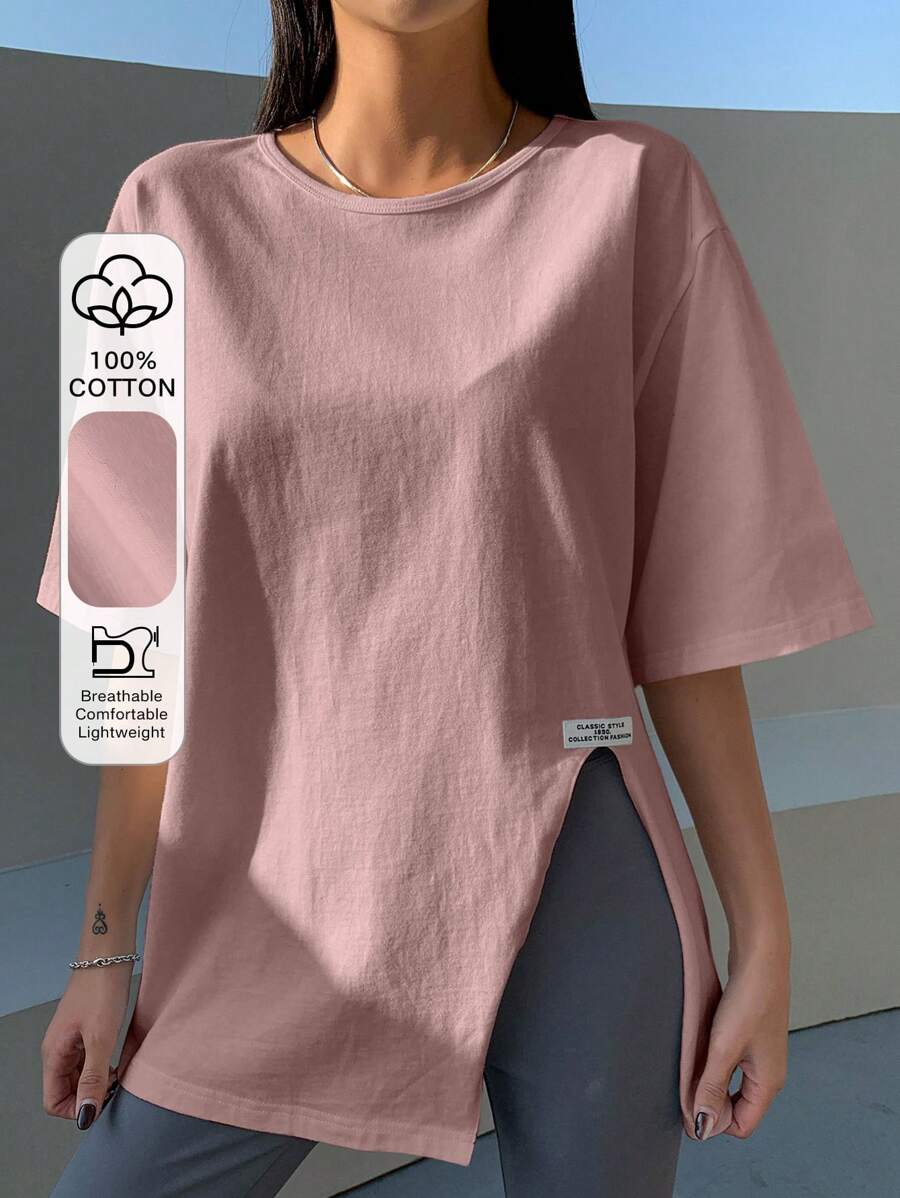 DAZY Letter Patched Detail Split Hem Drop Shoulder Tee | SHEIN USA