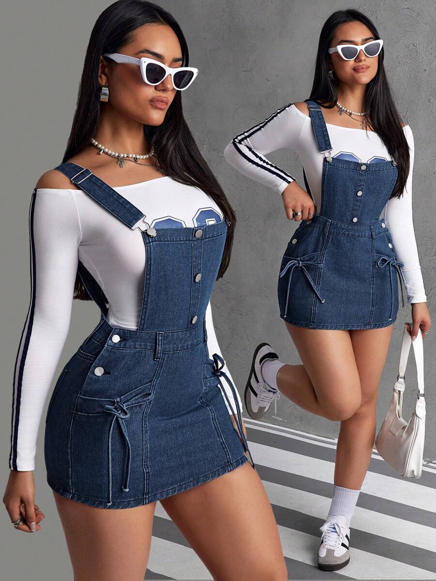 SHEIN EZwear Women's Casual Bowknot Tied Denim Suspender Mini Skirt ...