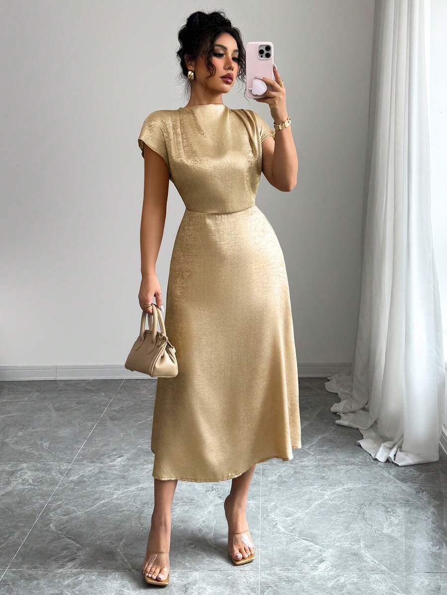 Chiquease Women Metal Texture Round Neck Slim Fit Waist Sheath Dress ...