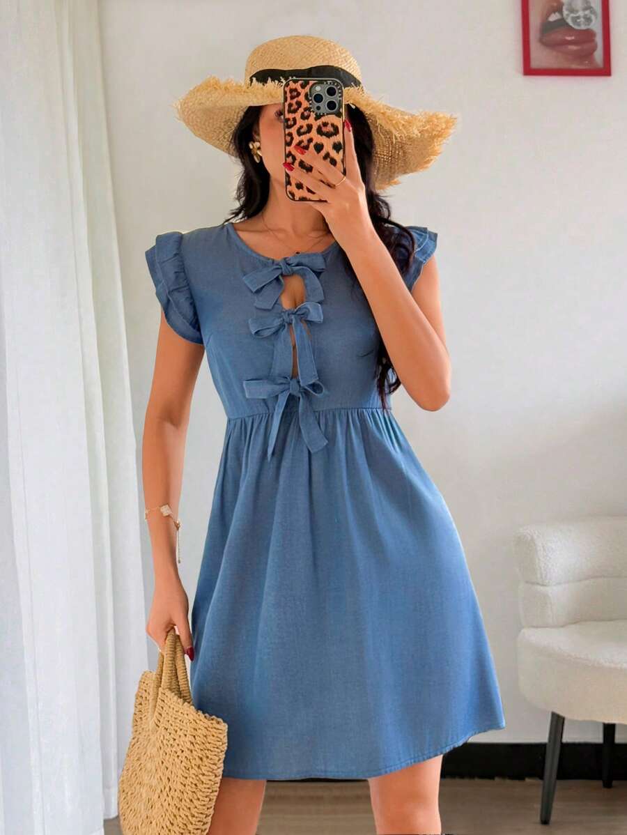 Chiquease Casual Summer Round Neck Bowknot Front Loose Fit Washed Blue ...