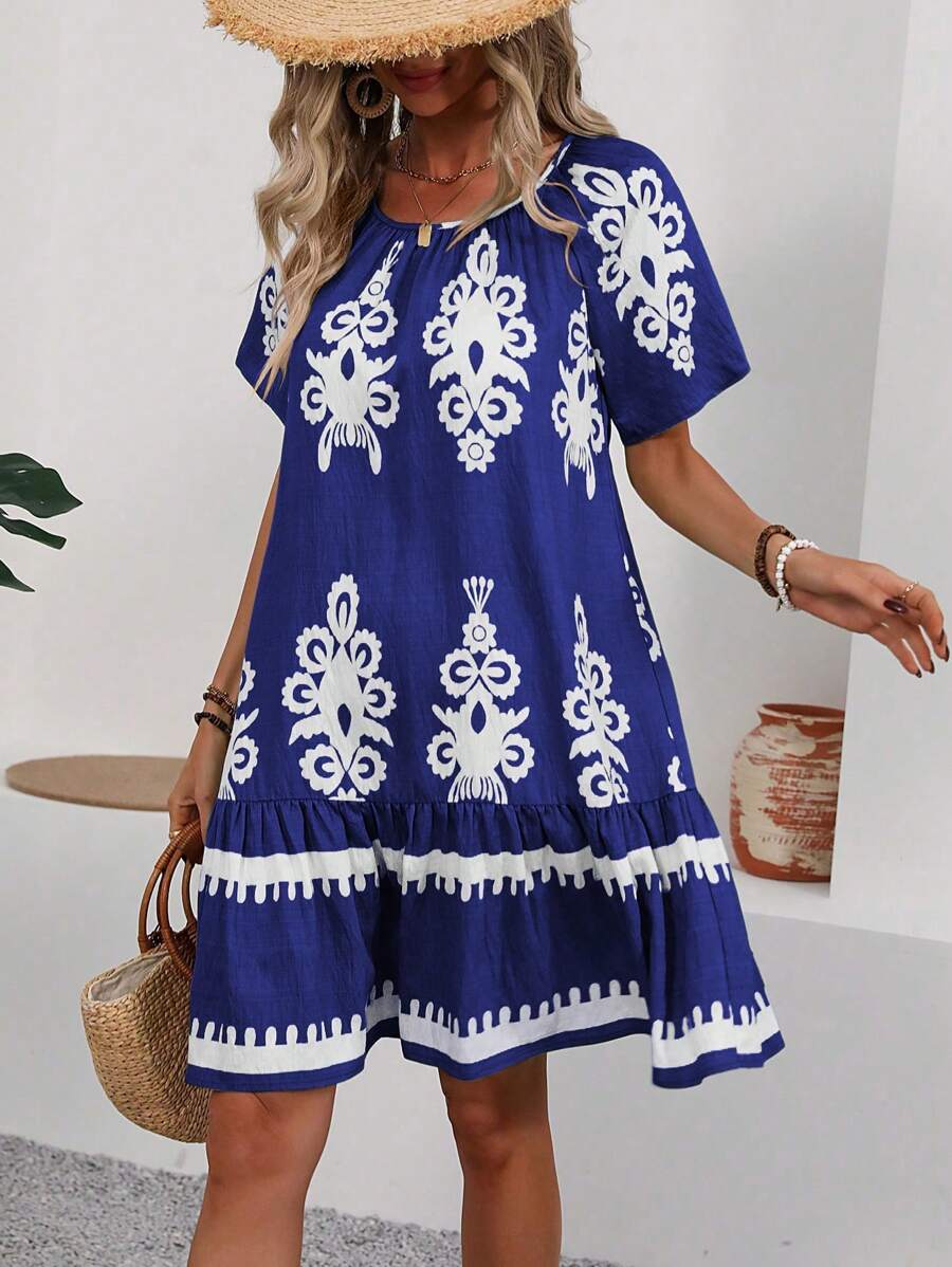 EMERY ROSE Women's Floral Print Ruffled Hem Short Sleeve Vacation Dress | SHEIN USA