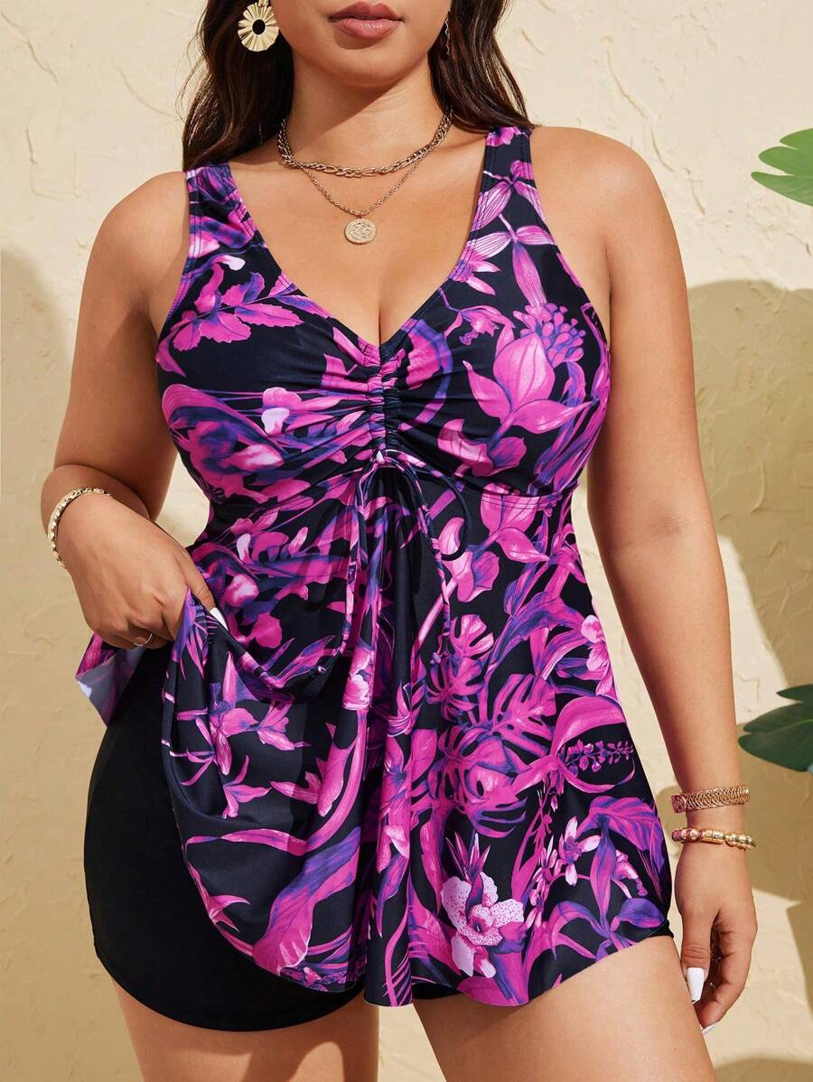 Swim Lushoire 2pcs/Set Plus Size Women Floral Print Spaghetti Strap ...