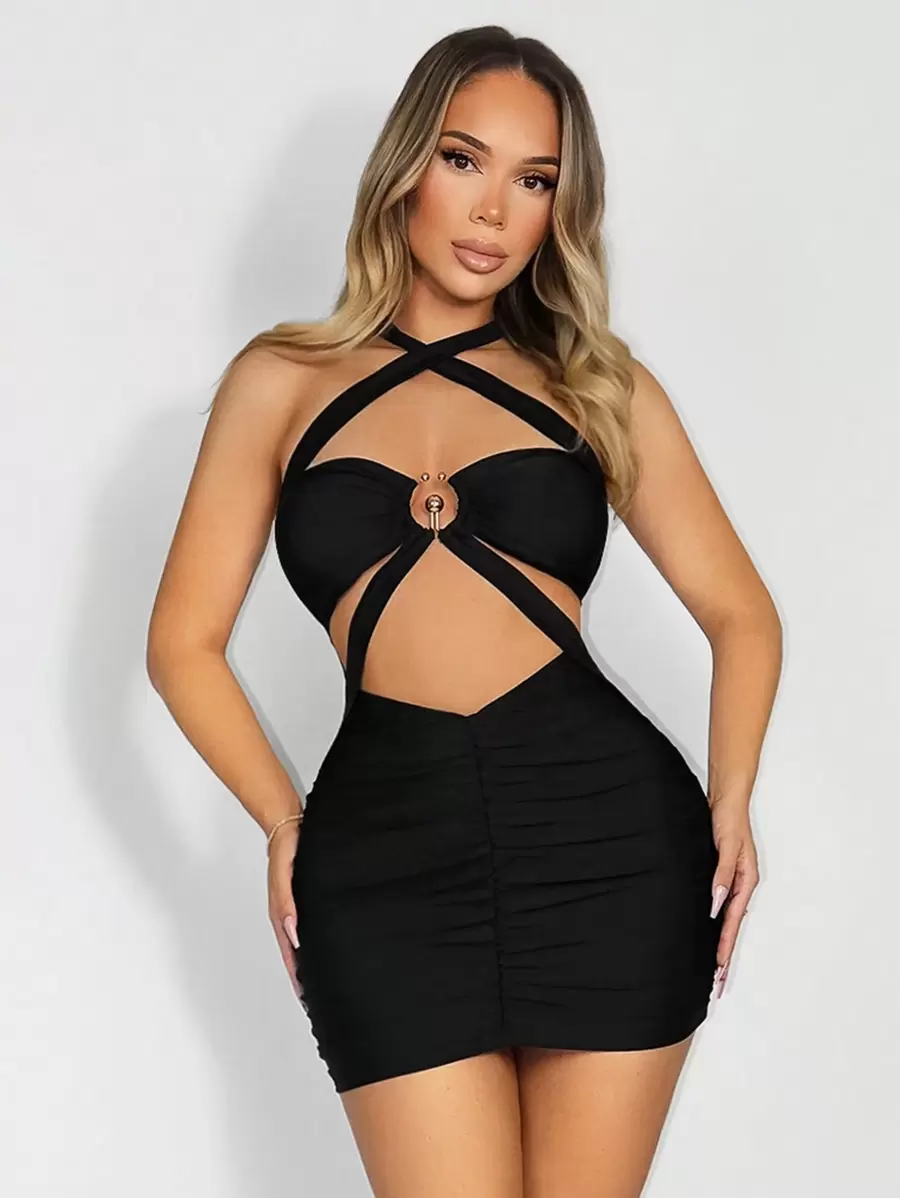 Zolique Women's Solid Color Round Ring Linked Hollow Out Sexy Cross Halter Neck Dress | SHEIN USA