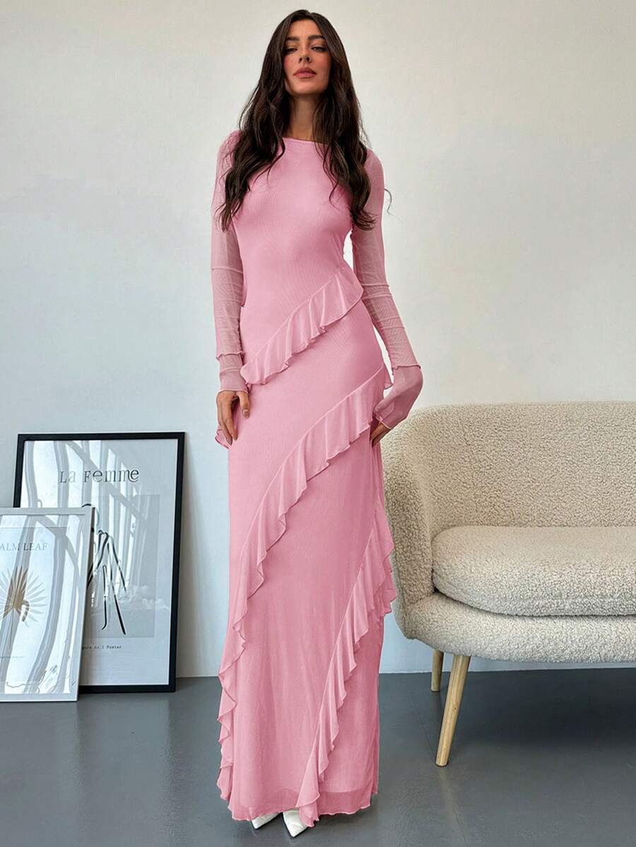 Aloruh Romantic Date Night Crowl Neck Ruffle Trim Long Sleeve Tight ...