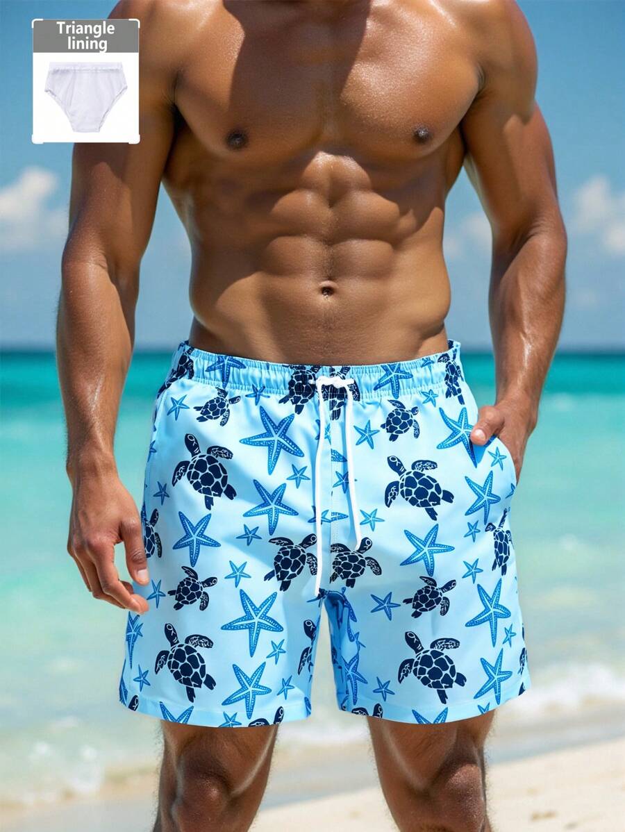 Horizaway Men's Turtle & Starfish Printed Relaxed Beach Shorts Swim ...