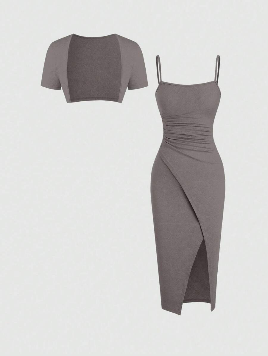 Sweetra 2pcs/Set Women Solid Color Short Sleeve Jacket And Ruched ...