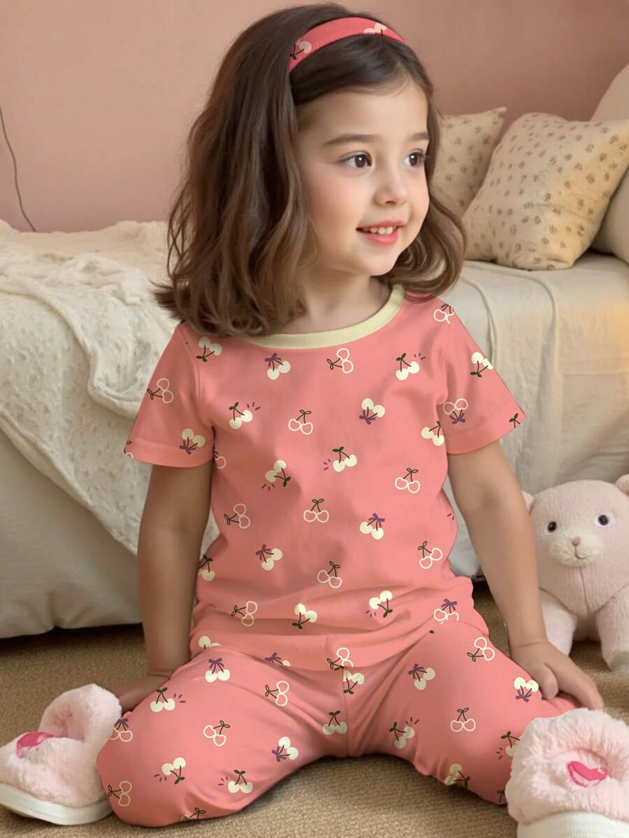 SHEIN 2 peças/Conjunto Vestuário Casual Jovem Menina Estampa de Cereja ...