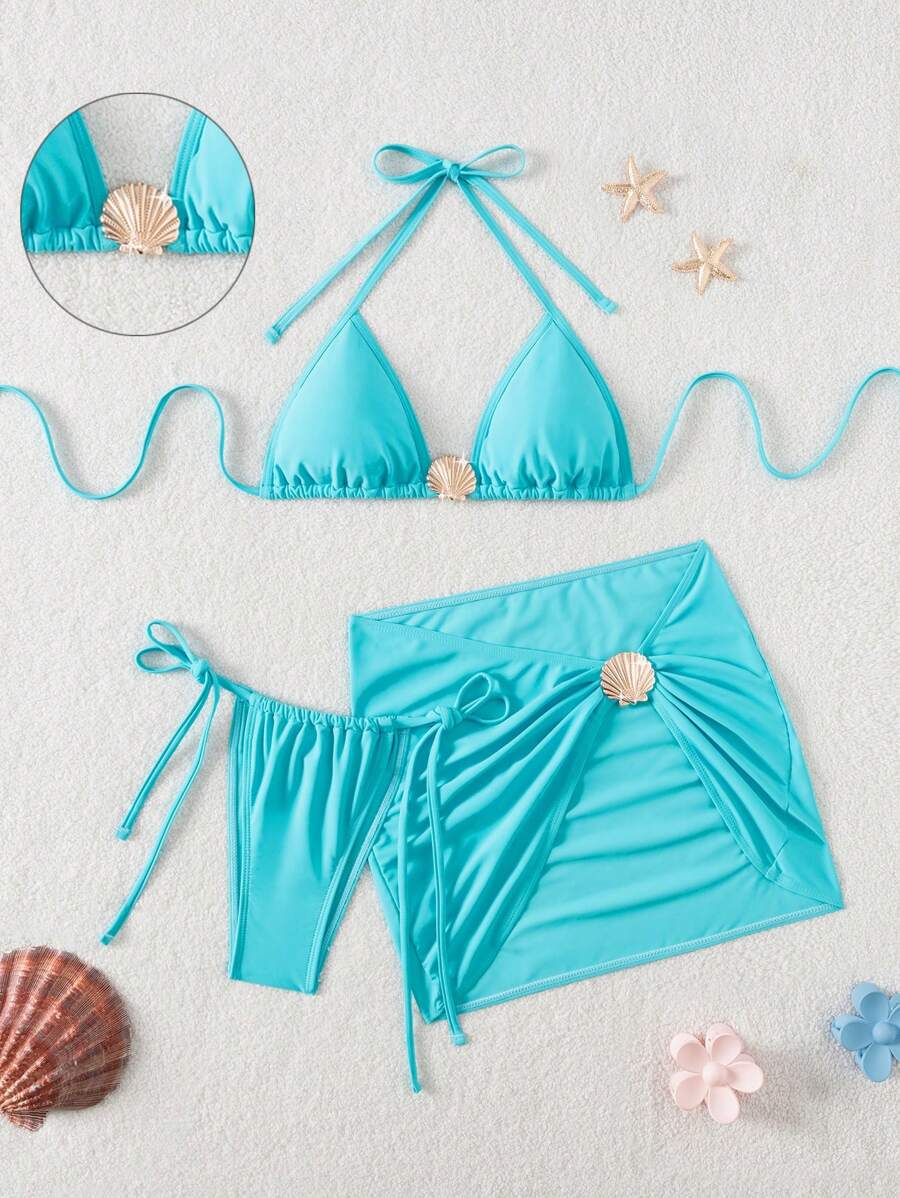 SHEIN Swim Women Beachwear 3 Pieces Set: Metal Shell Decor Halter Neck ...