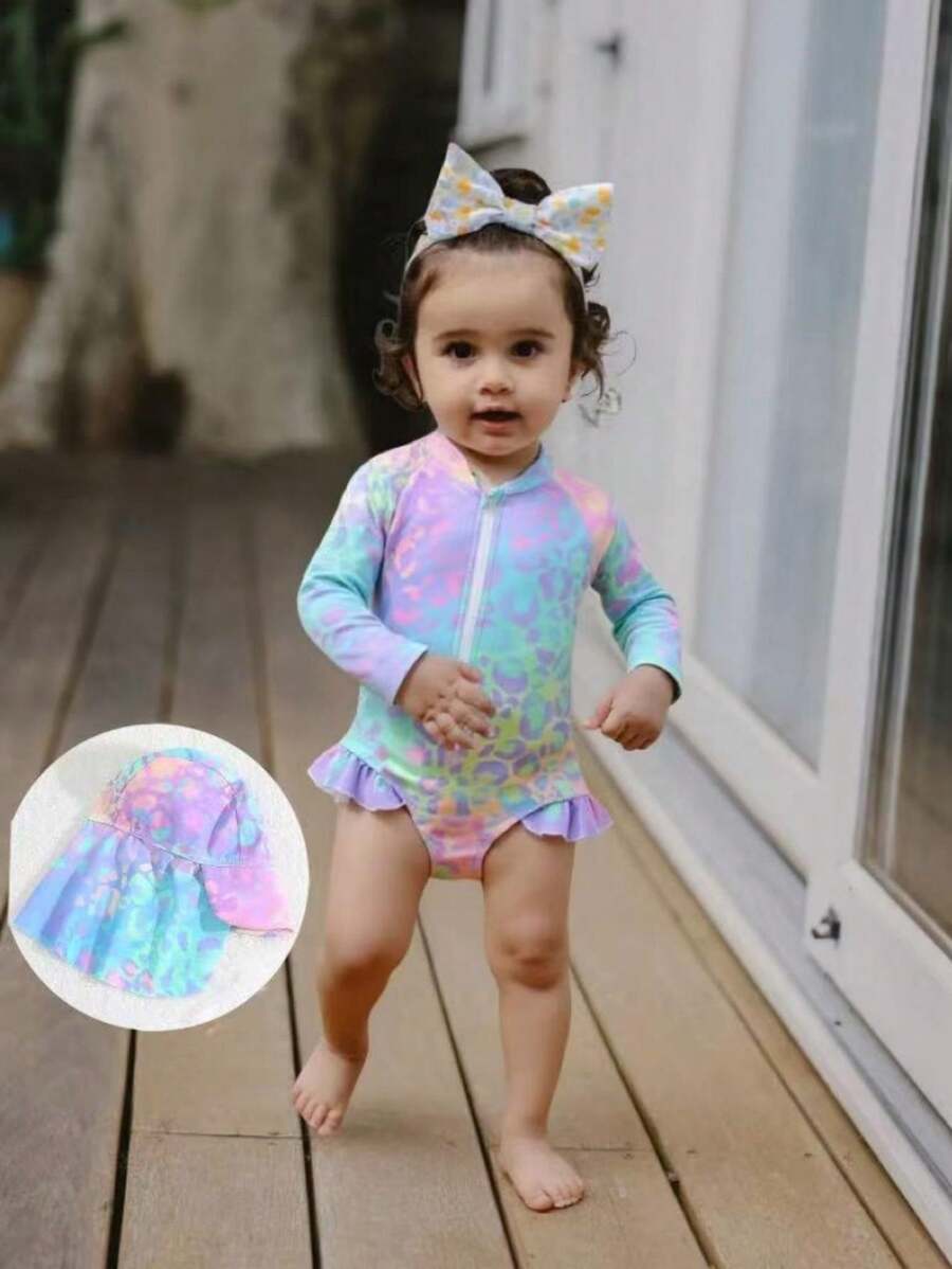 SHEIN Baby Girl One-Piece Swimsuit, Random Print With Ruffled Trim, No ...