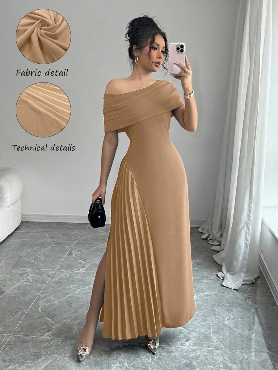 Elenzga Women's Elegant Charming Asymmetric Ruched Hem Solid Color Long Dress, Perfect For ...