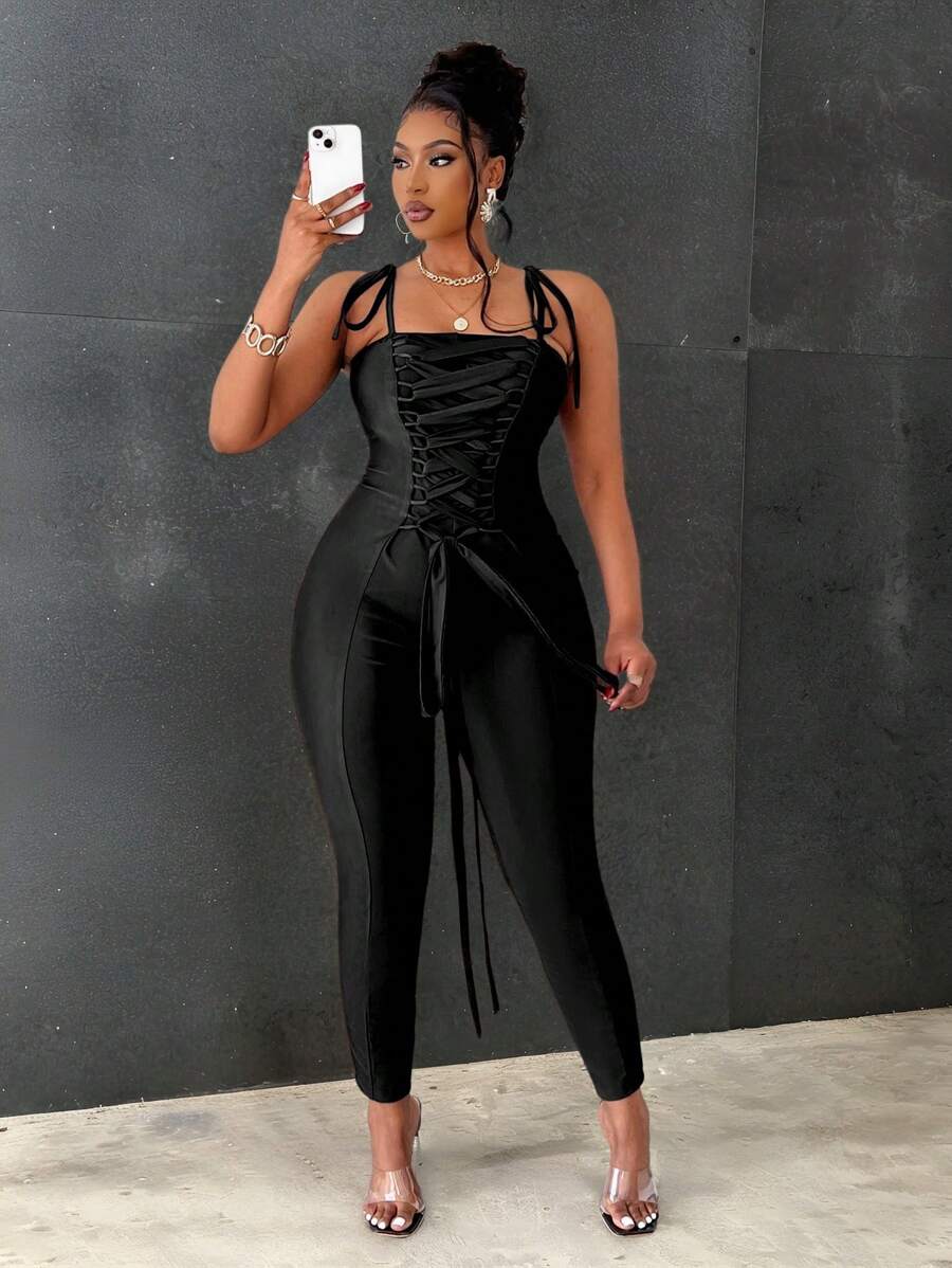 Maweii Tuta intera sexy, a costine, con lacci, per donna taglie forti ...