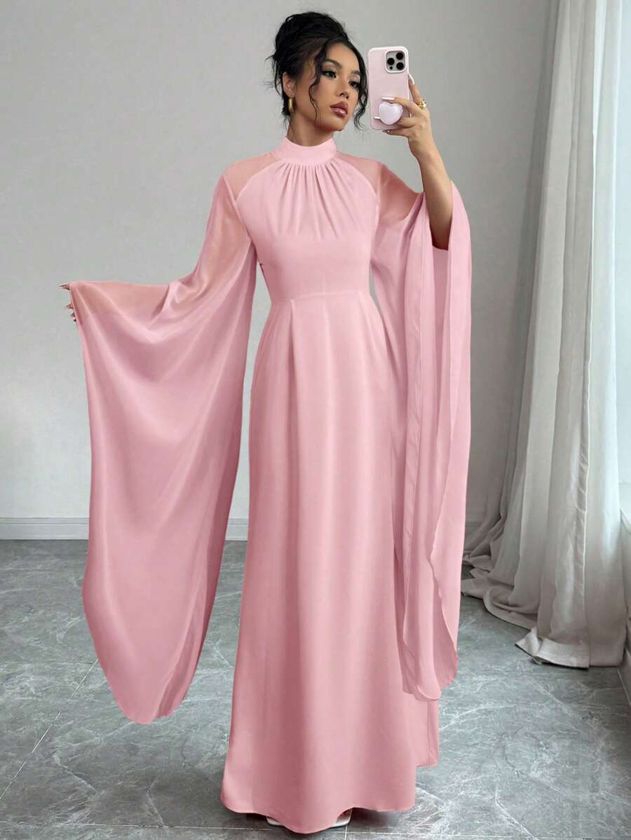 Elenzga Elegante vestido largo rojo con cuello alto, mangas acampanadas ...