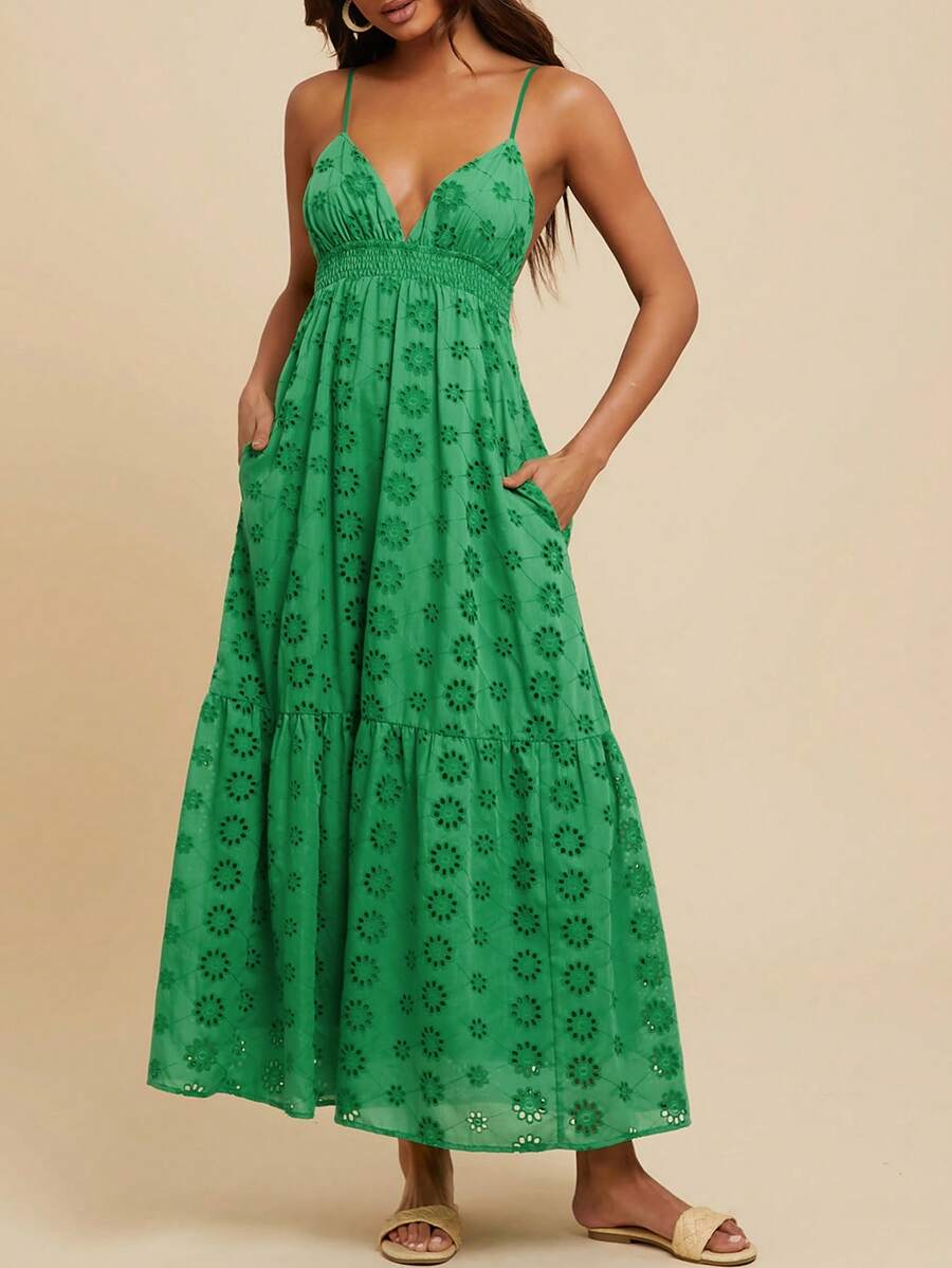 Travachic Vestido de mujer liso con bordado calado y espalda abierta ...