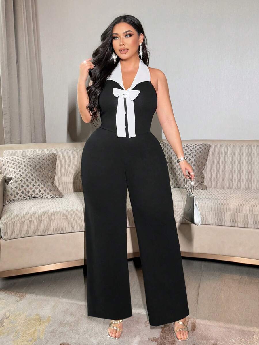 NU&NOW Women Plus Size Elegant Sleeveless Black & White Patchwork Bow Decorated Jumpsuit | SHEIN USA