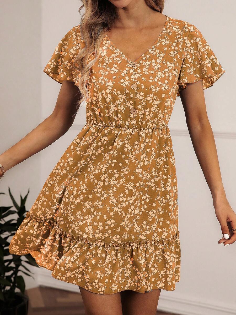 Breezaya Ditsy Floral Print V-Neck Ruffle Hem Dress Vacation Beach Outfits Women | SHEIN USA